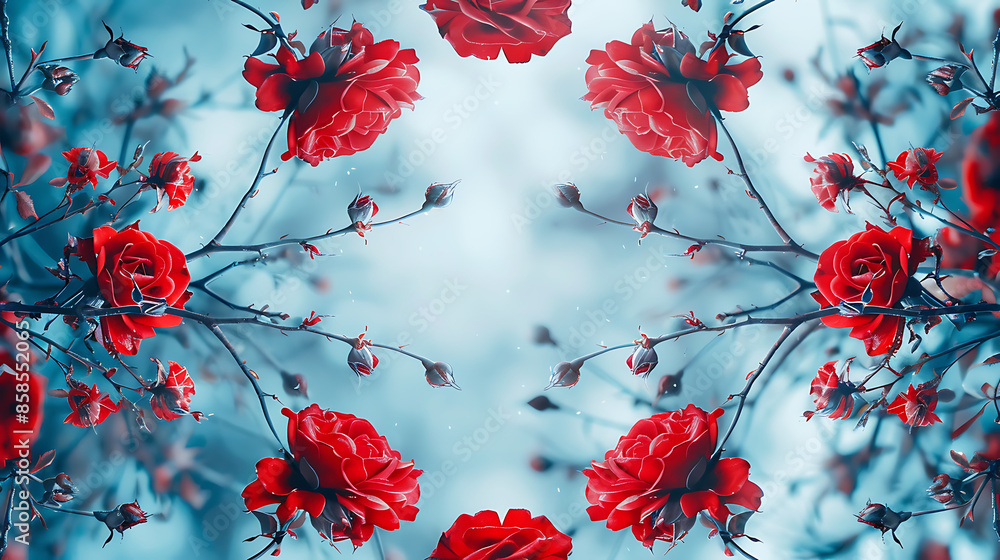 a circular arrangement of red roses and branches against a blurred blue ...
