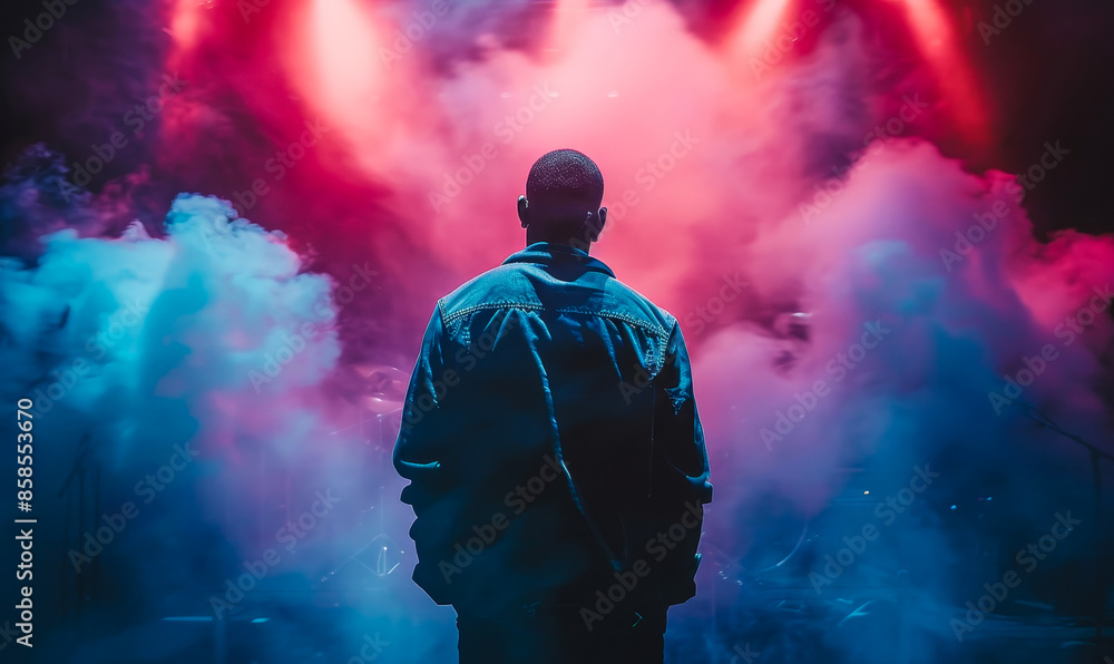 Rapper Performing Live at Night Concert Stage with Pink and Blue Smoke ...