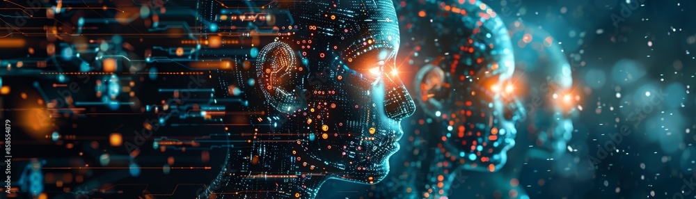 Abstract depiction of human and artificial intelligence faces with ...