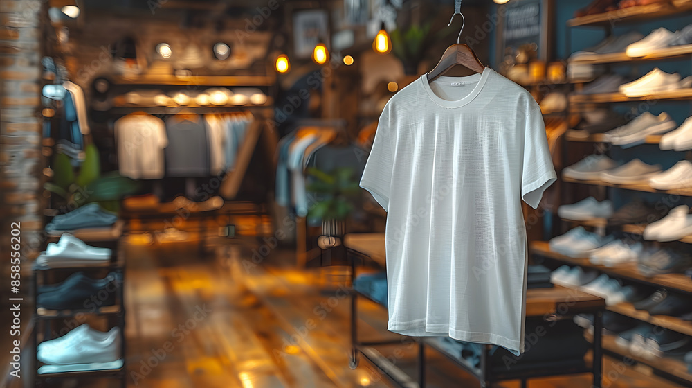 The interior of a modern clothing store featuring a white T-shirt on ...