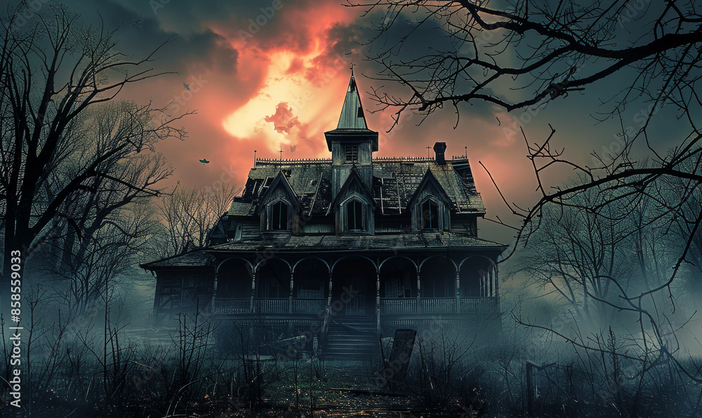 Eerie Haunted House in Misty Forest at Twilight with Ominous Red Sky ...