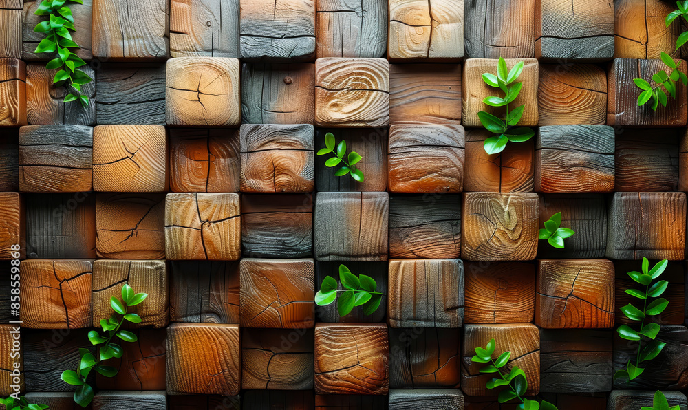 3D Timber Wood Wall with Square Blocks and Green Leaves Background ...