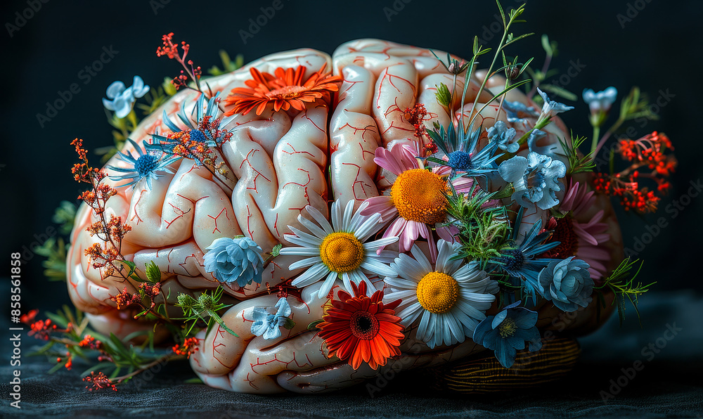 Human Brain Decorated with Spring Flowers Symbolizing Mental Health ...