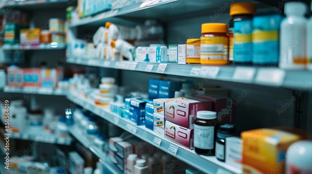 Closeup of Organized Pharmacy Shelves with Fake Labeled Medicines ...