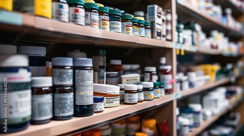 Closeup of Organized Pharmacy Shelves with Fake Labeled Medicines ...