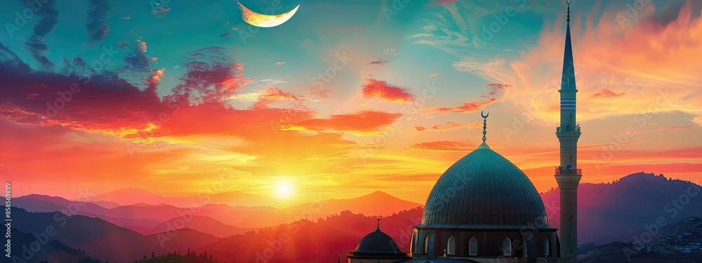 Islamic Background,Dome Mosques,Crescent Moon,Starry on Dark Blue Sky ...