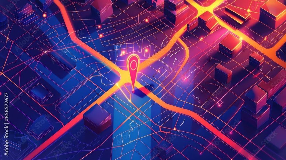 Destinations: An isometric GPS tracking map featuring a navigation pin ...