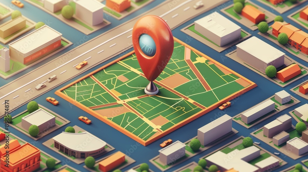 Destinations: An isometric GPS tracking map featuring a navigation pin ...