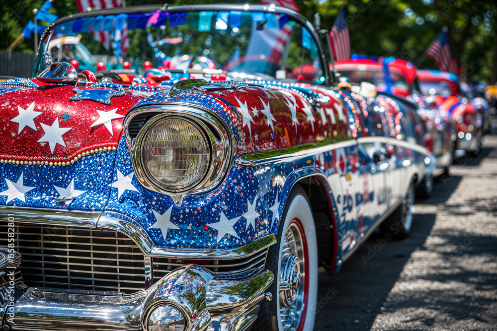 Vintage car in patriotic USA parade, 4th of July, Memorial Day Stock ...