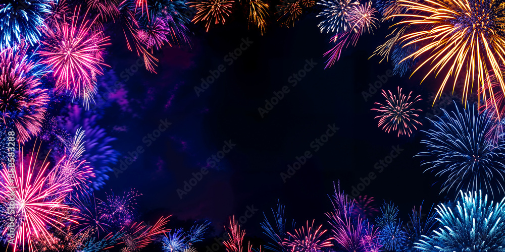 Fireworks border frame on black background with copyspace, wide banner ...