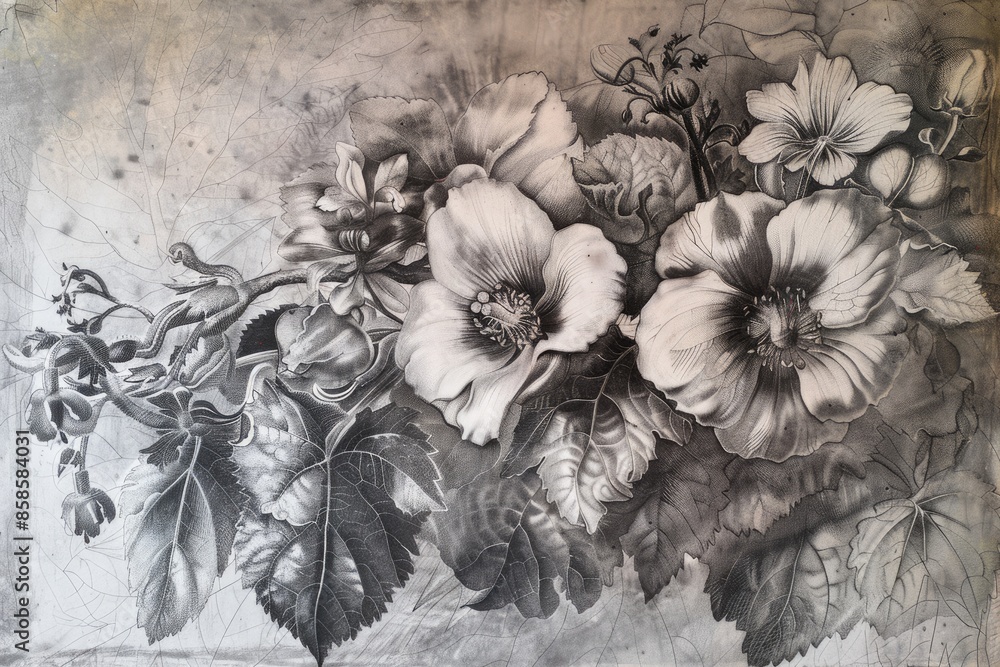 Nostalgic old engraving, delicate flowers immortalized in intricate ...