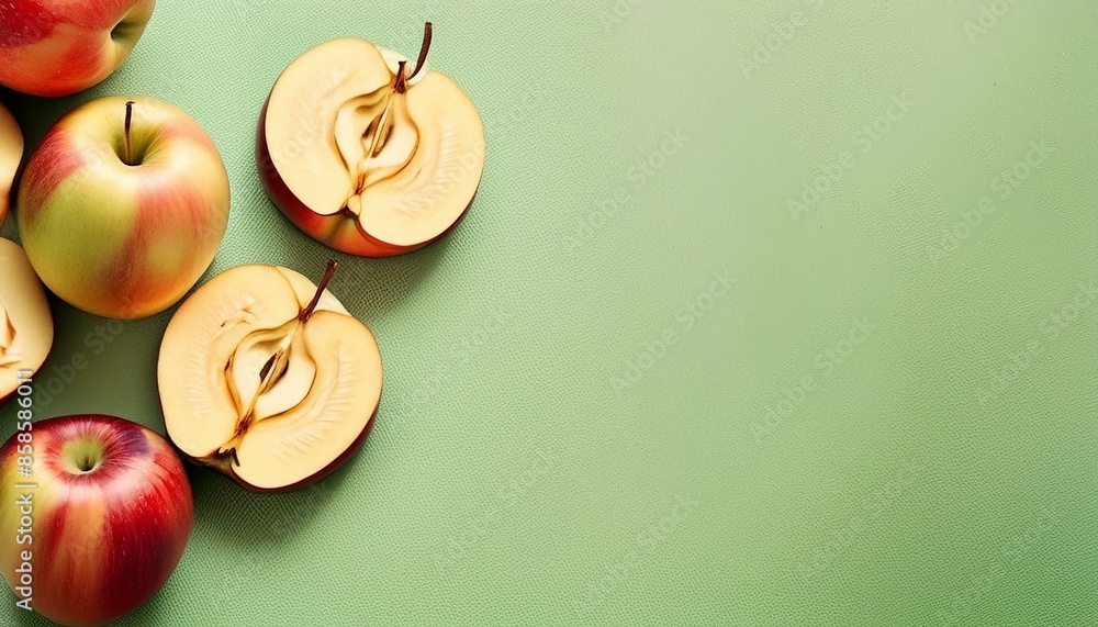 Seasonal banner with fresh sliced apples on a green background with ...