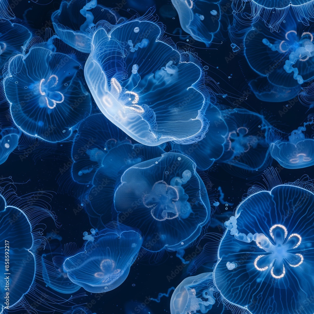 Seamless pattern of bioluminiscent blue jellyfish deep underwater Stock ...