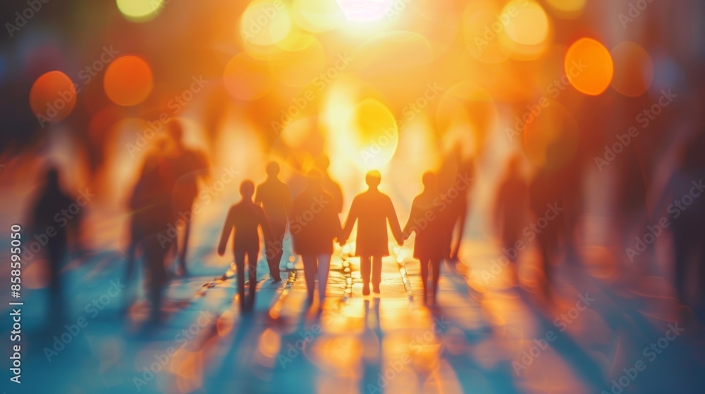 Blurry shapes of people coming together to make a positive impact on ...