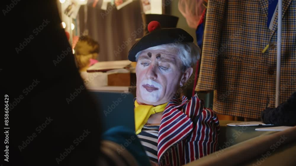 Medium shot of mature Caucasian man dressed up as clown sitting with ...