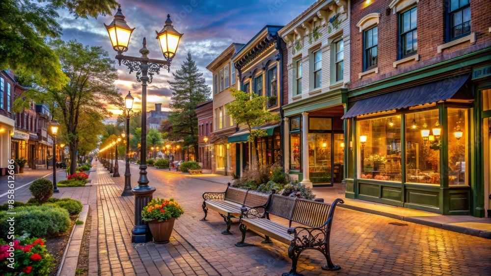 A serene evening scene of a quaint main street lined with old-fashioned ...