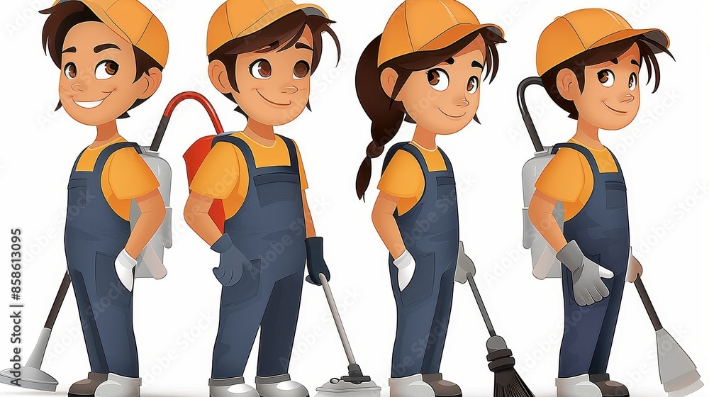Four cartoon janitors equipped with various cleaning tools, dressed in ...