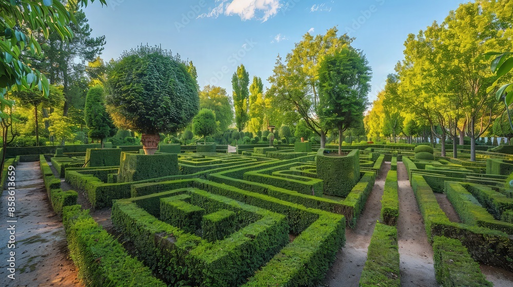 An artist's garden where each hedge is intricately pruned to represent ...