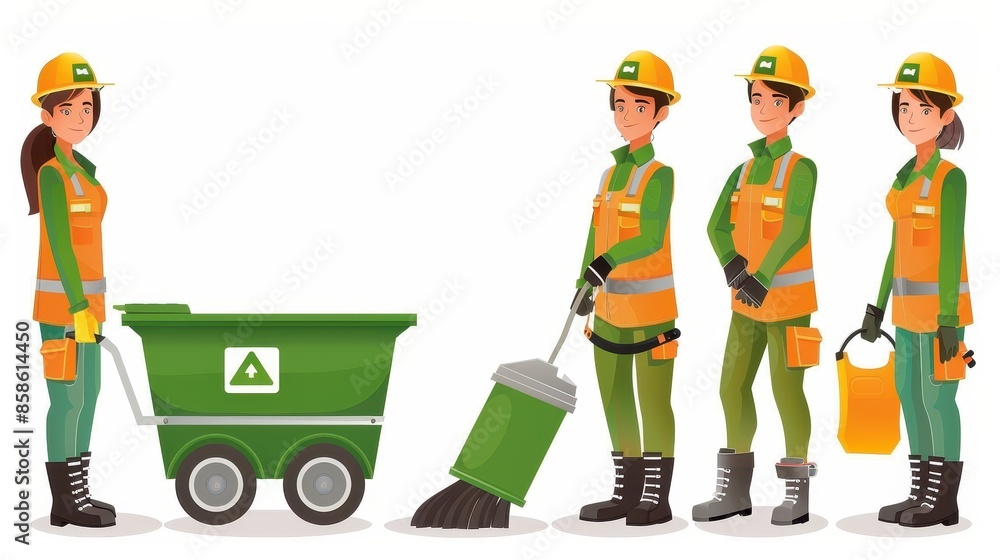 Four garbage collectors in orange safety uniforms are engaged in waste ...