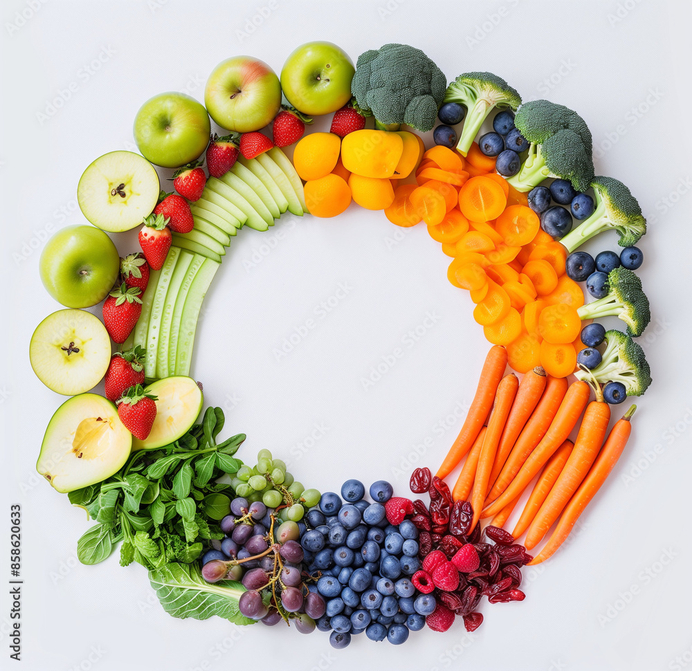 colorful fruits and vegetables arranged in an arc shape, forming a ...