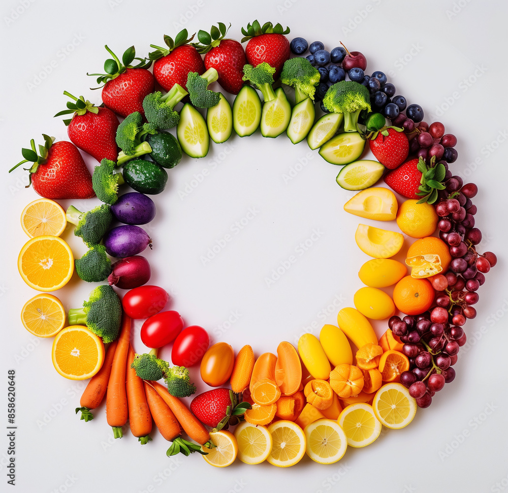 colorful fruits and vegetables arranged in an arc shape, forming a ...