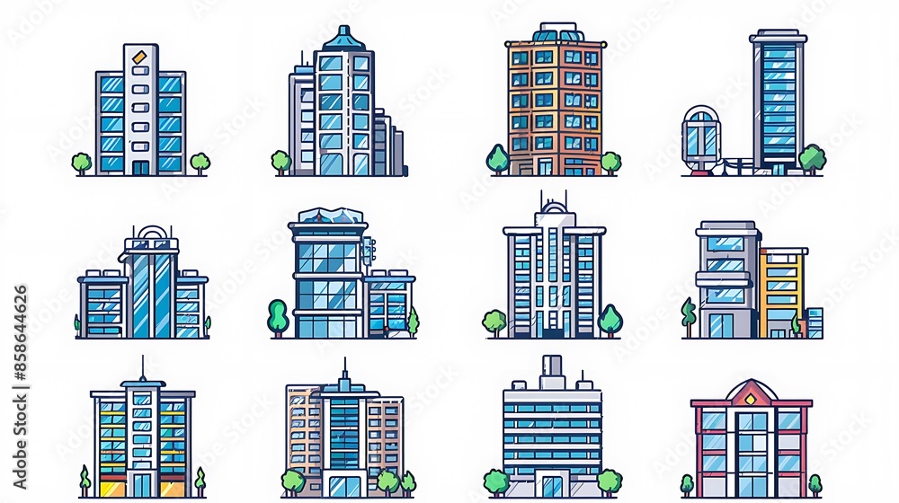 Iconic Urban Buildings Vector Set with Editable Strokes for High Rise ...