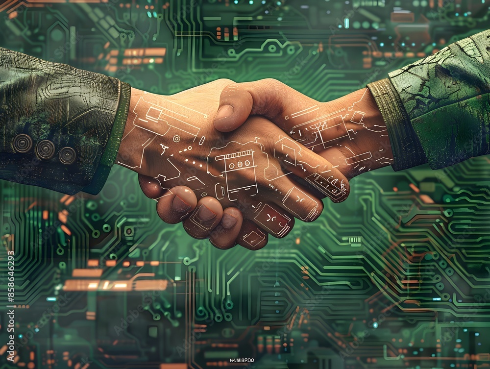 Digital and Human Handshake in Futuristic Asset Exchange Stock Photo ...