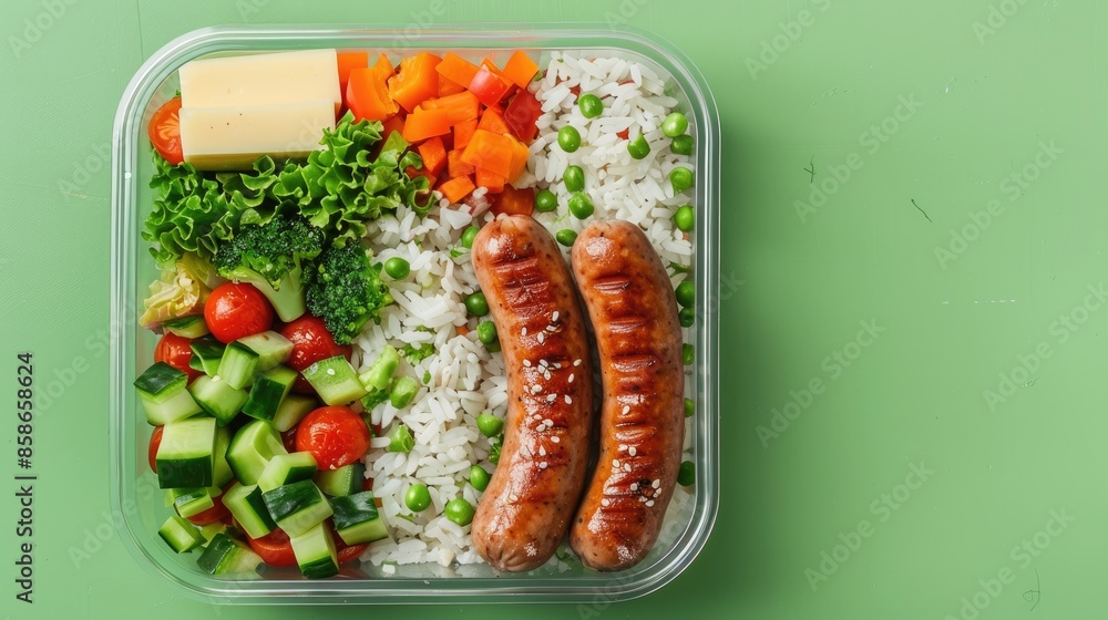 Balanced lunch box with rice sausages and vegetables delivered in a ...