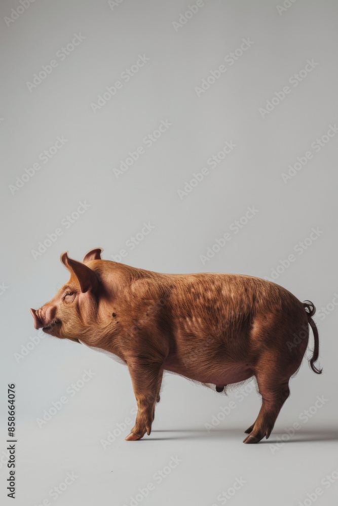 the beside view Babi Landrace Pig standing, left side view, white copy ...