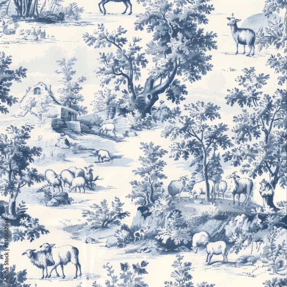 Design a repeating Toile de Jouy pattern depicting pastoral scenes with ...