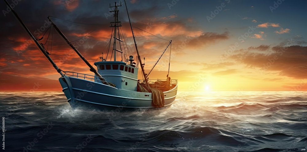 fishing backgrounds of a serene ocean scene featuring a white and blue ...