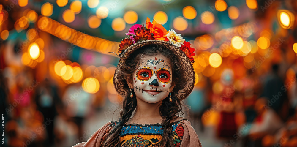Girl in Catrina Face Paint Celebrating Day of the Dead at Mexican ...