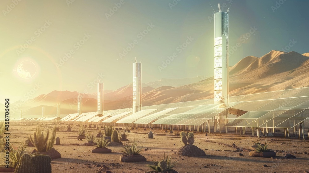 surreal desert landscape with towering solar energy towers and ...
