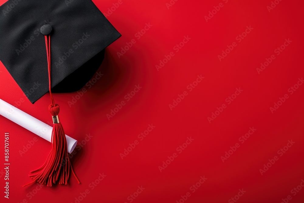 Black graduation cap with red tassel and white scroll on the left side ...