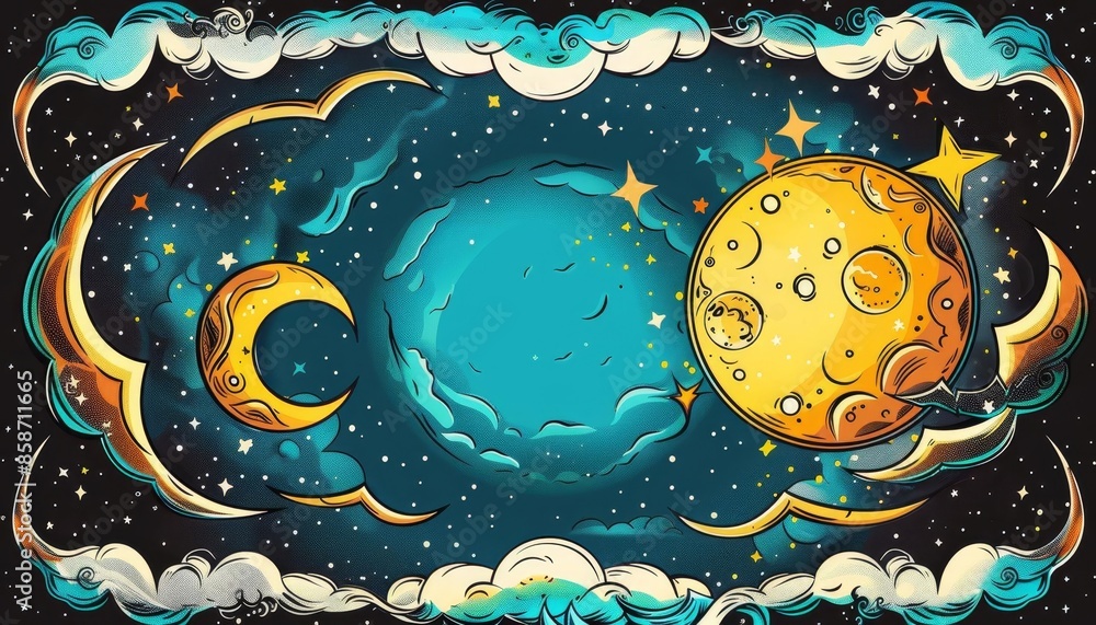Celestial cycle with detailed phases, deep blue and gold, vintage style ...