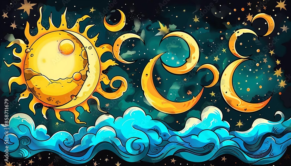 Celestial cycle with detailed phases, deep blue and gold, vintage style ...