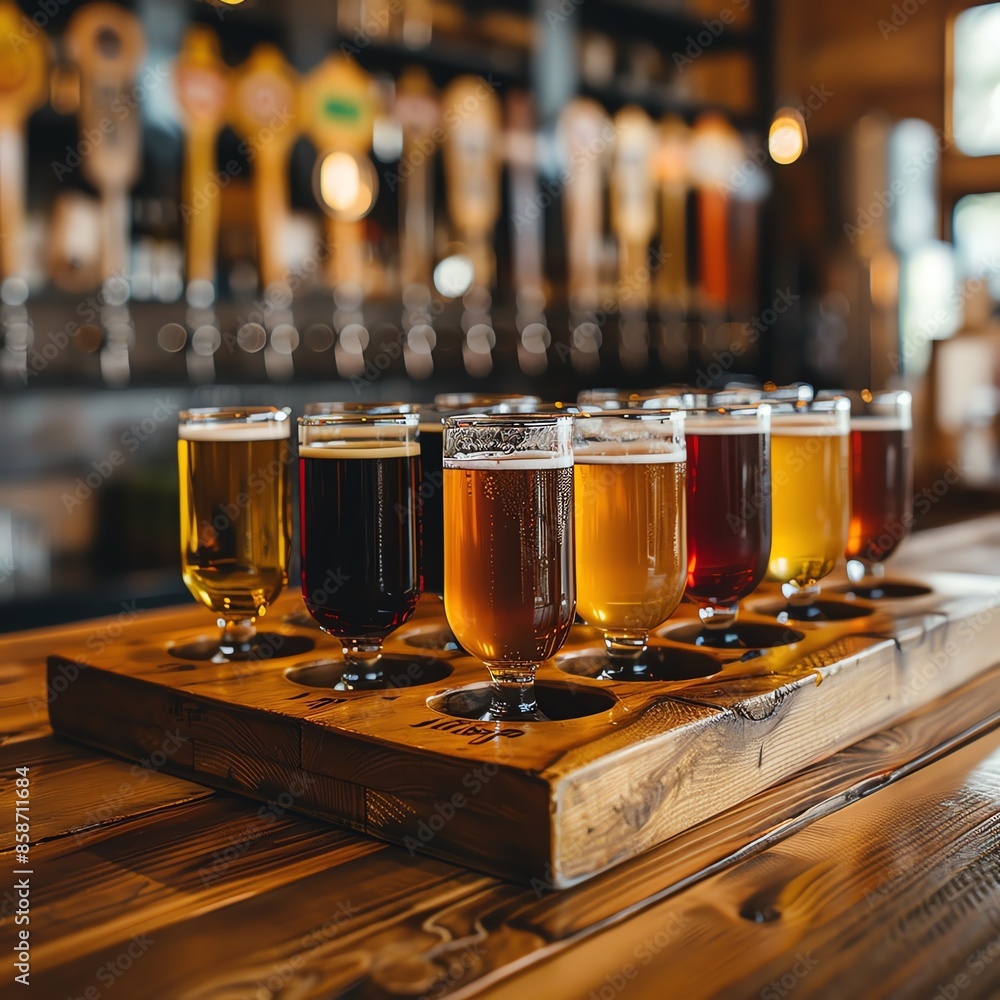 Craft beer flight with different types of beers in small glasses, each ...