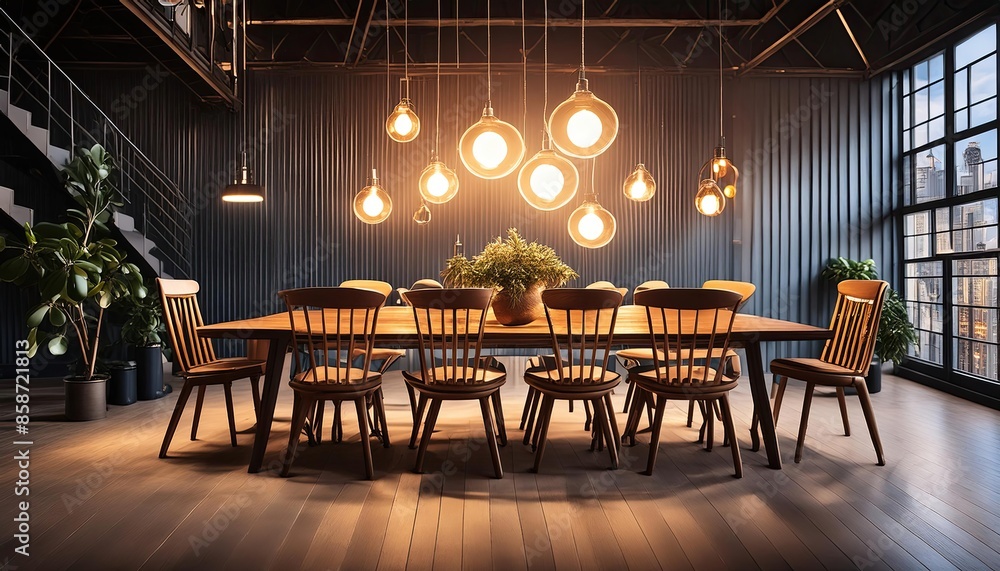 industrial dining room night atmosphere interior design with light on ...