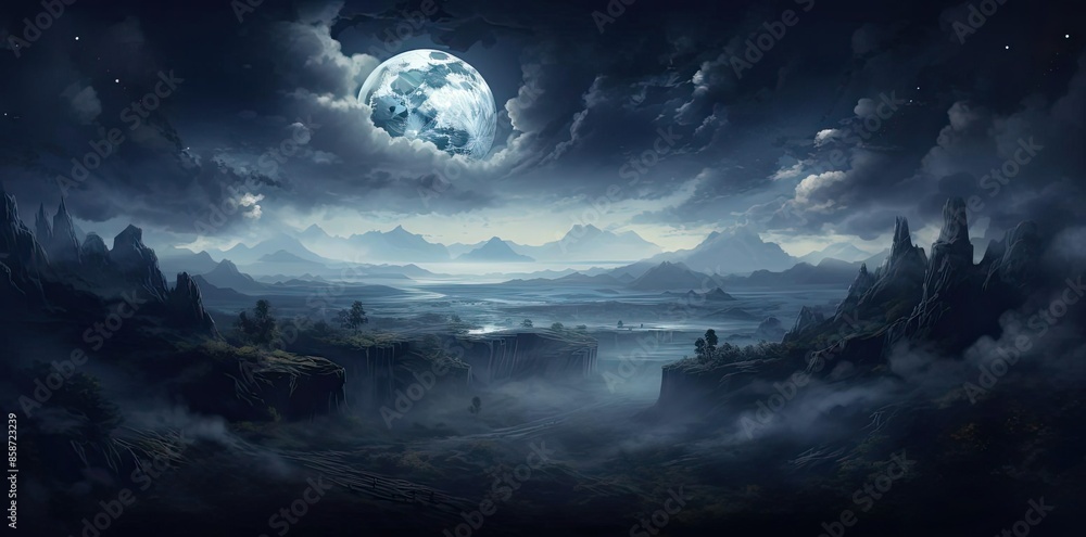 midnight background of a serene landscape featuring a white cloud and ...
