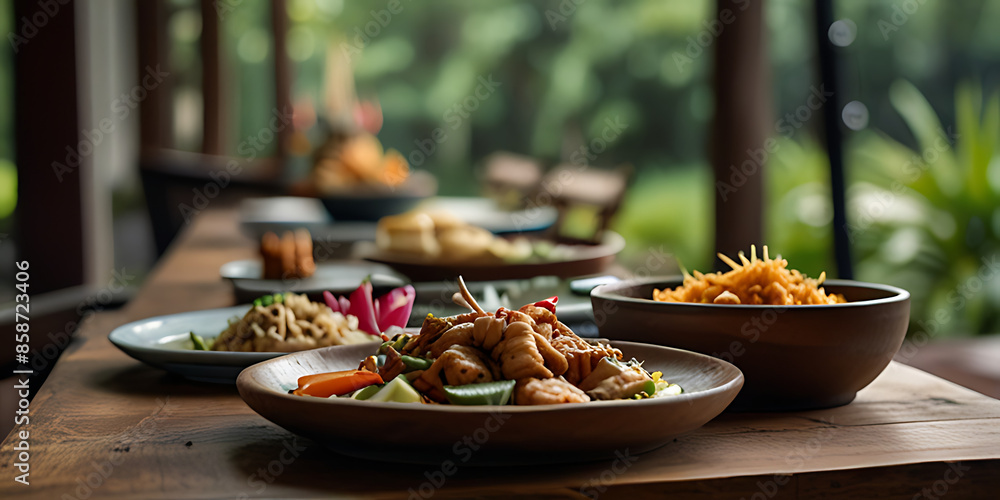 Table of thai restaurant food spring rolls, takoyaki, pork ramen and ...