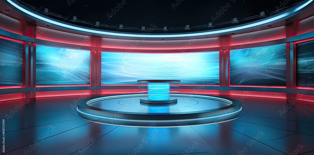 news anchor background in a dark room with red windows and a shiny ...