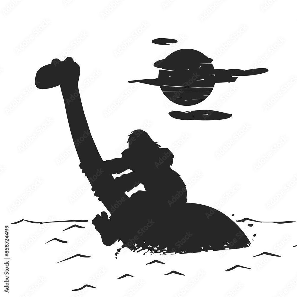 Vector Cartoon Funny Silhouette of Bigfoot Riding the Loch Ness Monster ...
