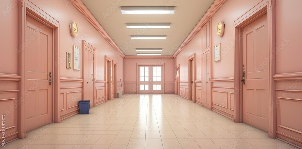 ภาพประกอบสต็อก school hallway background with pink walls and doors ...