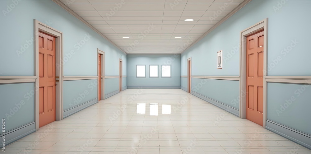 school hallway background with blue walls and small windows, featuring ...