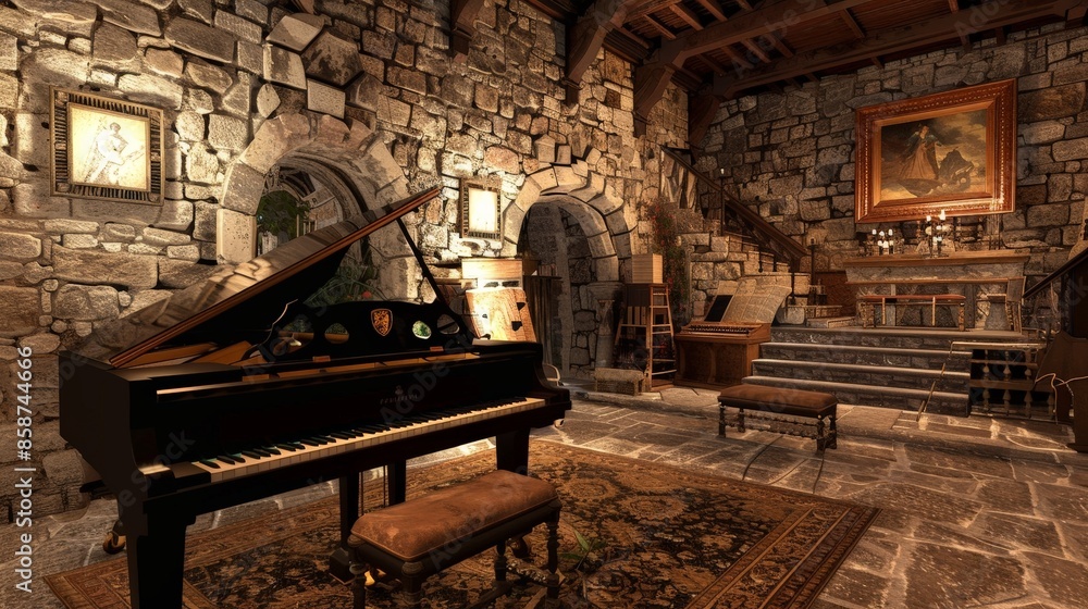 Design a scene of a grand piano in a historic castle, with stone walls ...