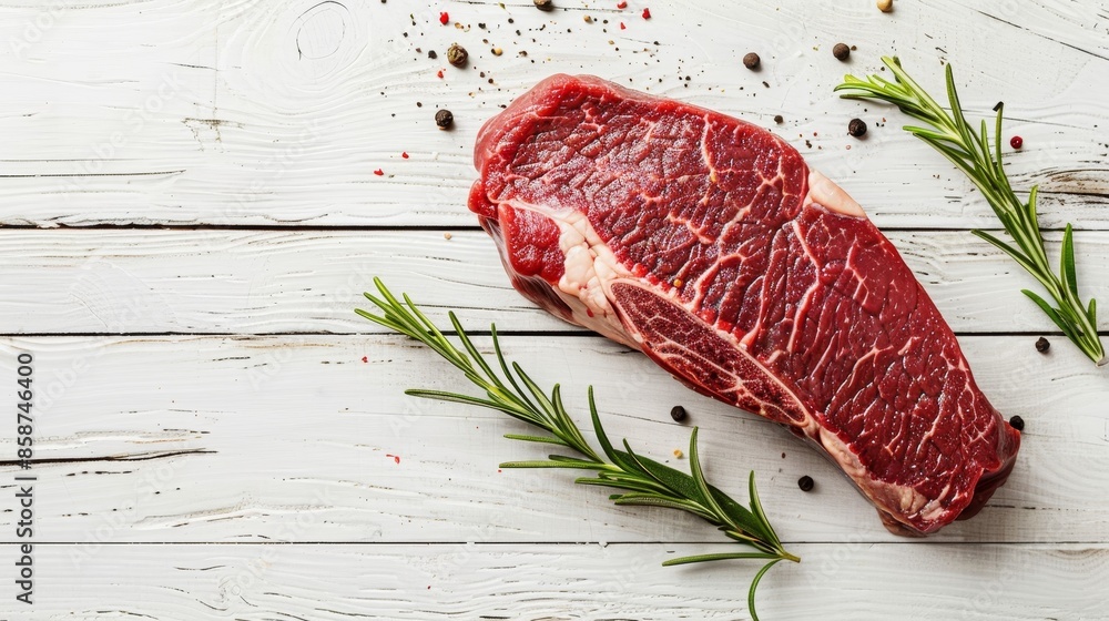 Freshly cut strip loin steak on rustic white wooden background ...
