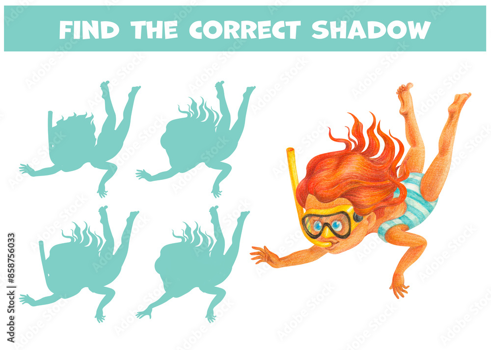 Find the correct shadow. Red-haired child girl in striped swimsuit with ...
