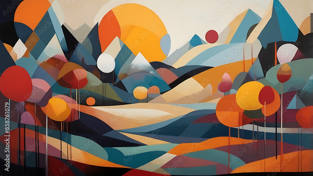 Abstract interpretations of landscapes, using bold colors and geometric ...