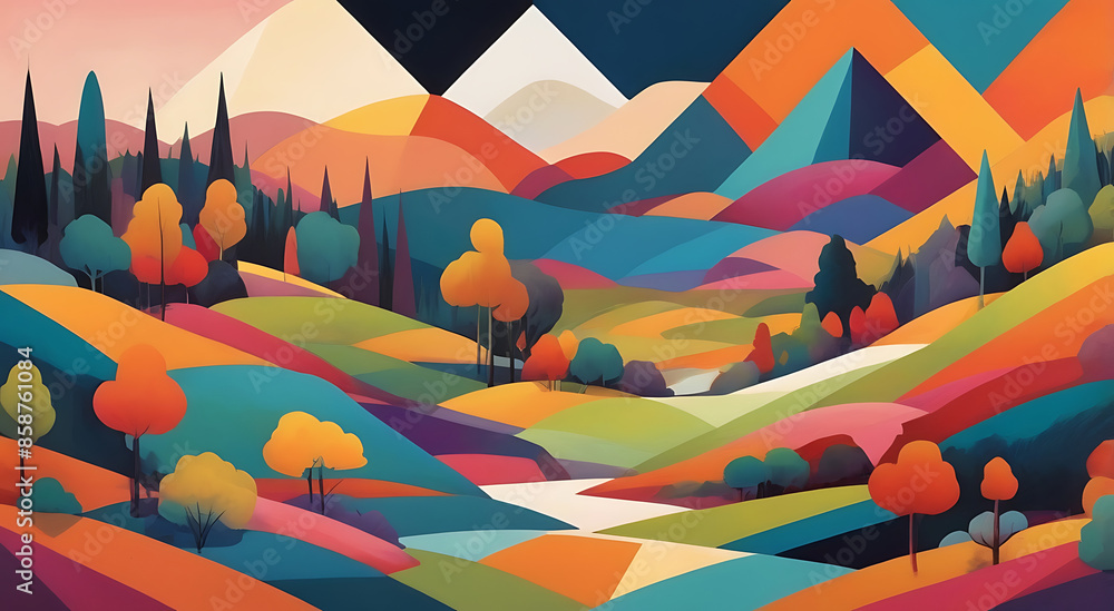 Abstract interpretations of landscapes, using bold colors and geometric ...
