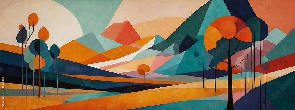 Abstract interpretations of landscapes, using bold colors and geometric ...